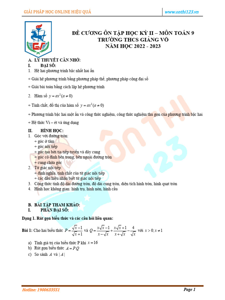 Toan 9 de Cuong hk2 Giang Vo 22 23 | PDF