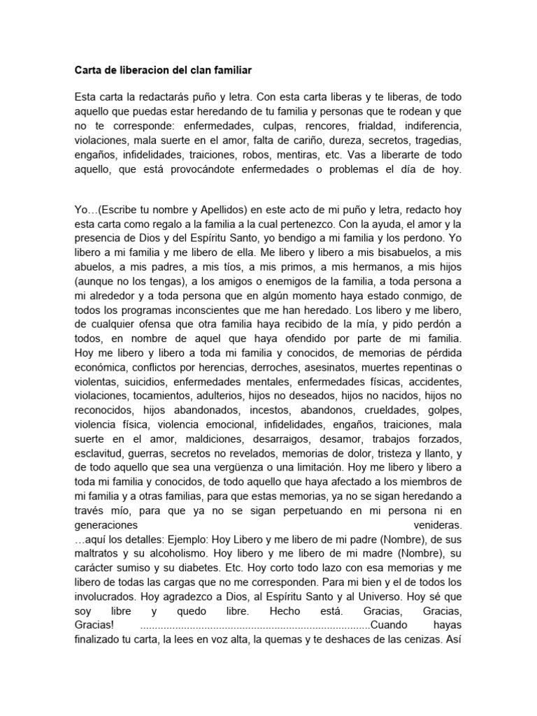 Carta de Liberacion Del Clan Familiar | PDF | Ciencias sociales ...