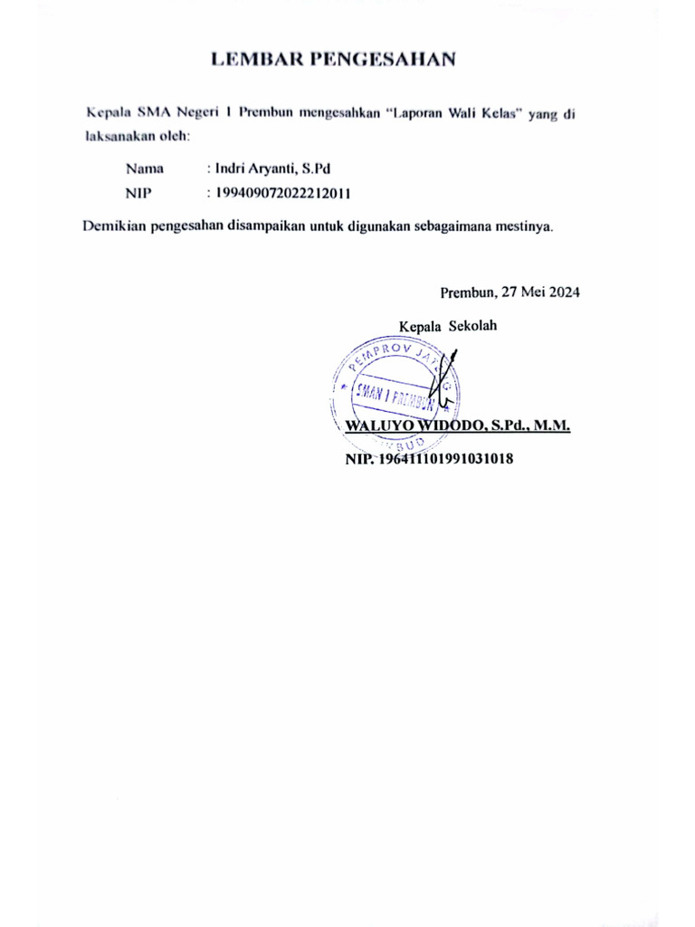 Pengesahan Wali Kelas | PDF