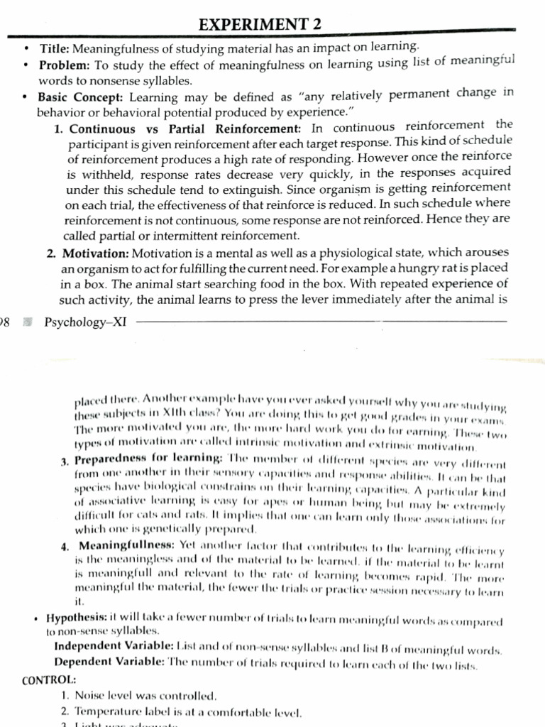Class 11 Practical No. 2 (1) Psychology | PDF | Reinforcement | Motivational
