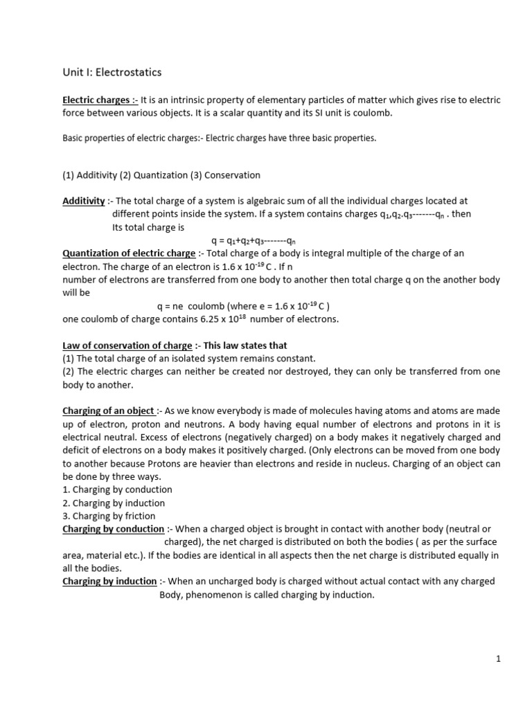 1699981822016_Unit_Ielectrostatics (1) | PDF | Electric Charge | Electron