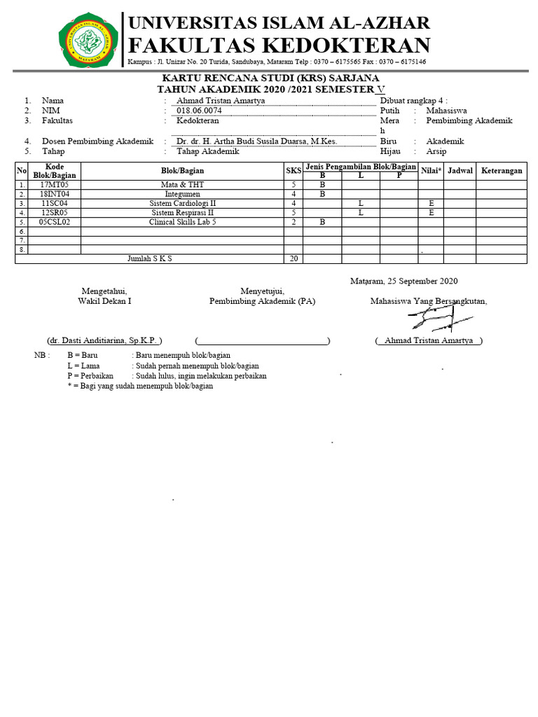 KARTU RENCANA STUDI SMT 5 Ahmad Tristan Amartya 018.06.0074 | PDF
