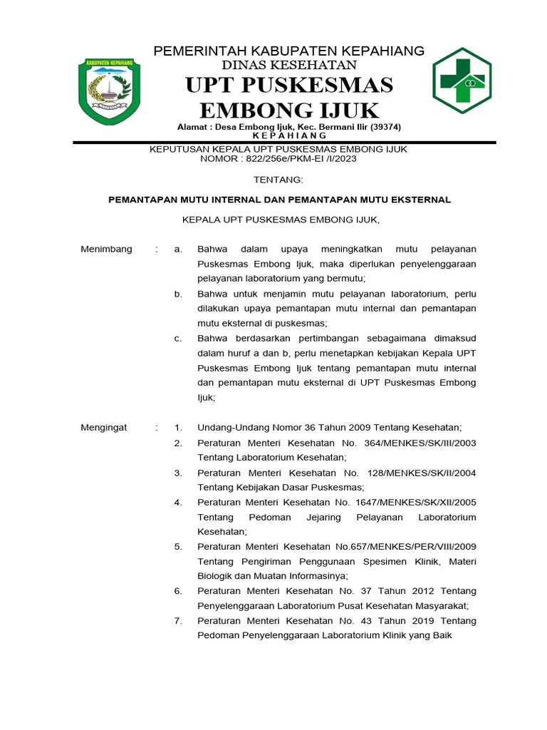 Pemantapan Mutu Puskesmas Embong Ijuk | PDF