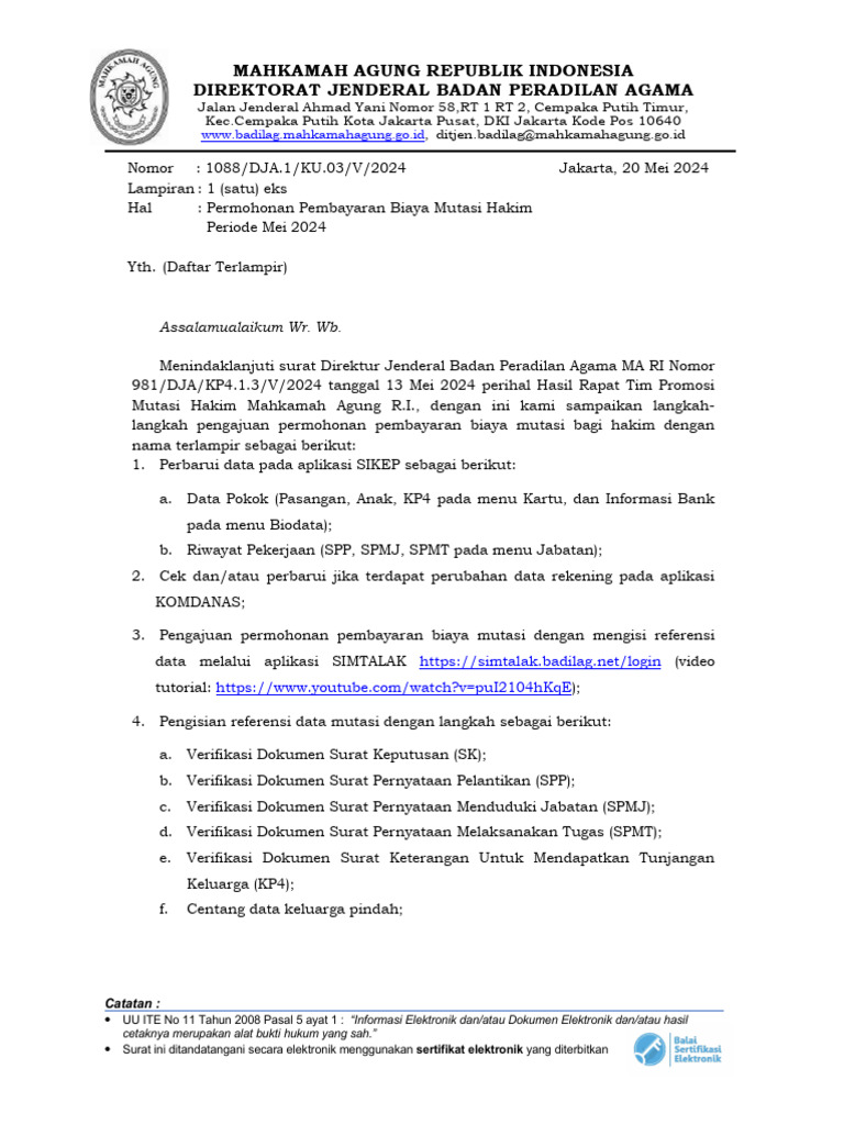 1088#pengajuan Permohonan Biaya Mutasi Hakim TPM Mei 2024 | PDF | Ilmu Sosial | Hukum