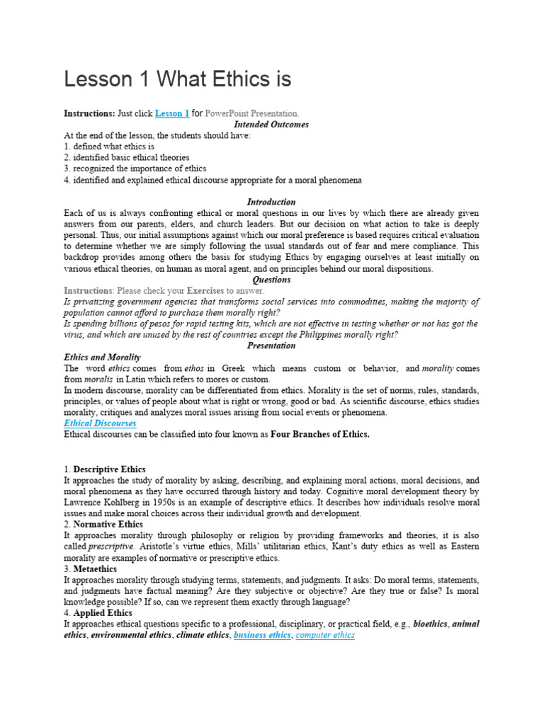 Lesson 1 What Ethics Is | PDF | Morality | Liberal Arts Education