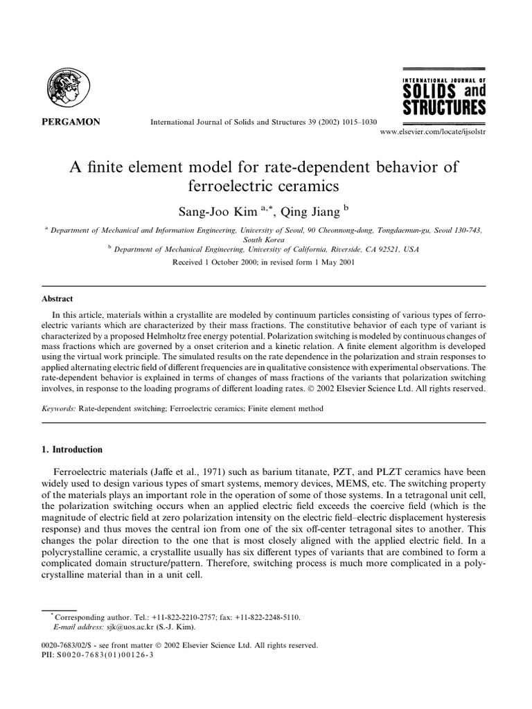 2002_A finite element model for rate dependent behavior of | PDF | Ferroelectricity | Stress ...
