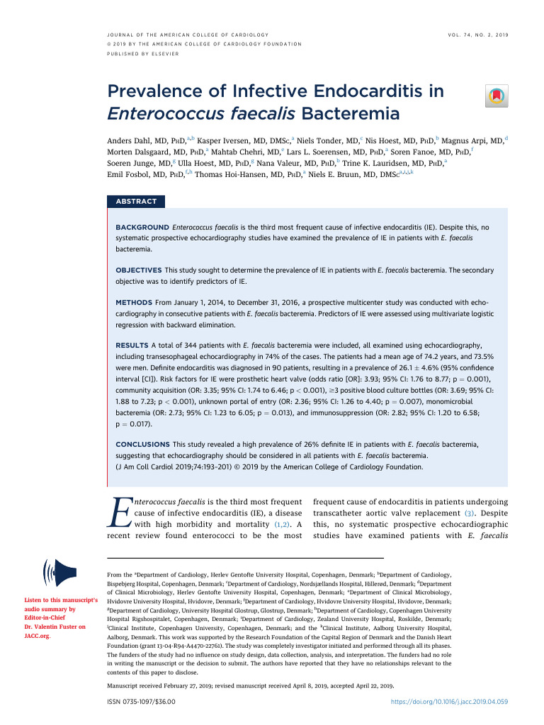 Dahl Et Al 2019 Prevalence of Infective Endocarditis in Enterococcus Faecalis Bacteremia | PDF ...