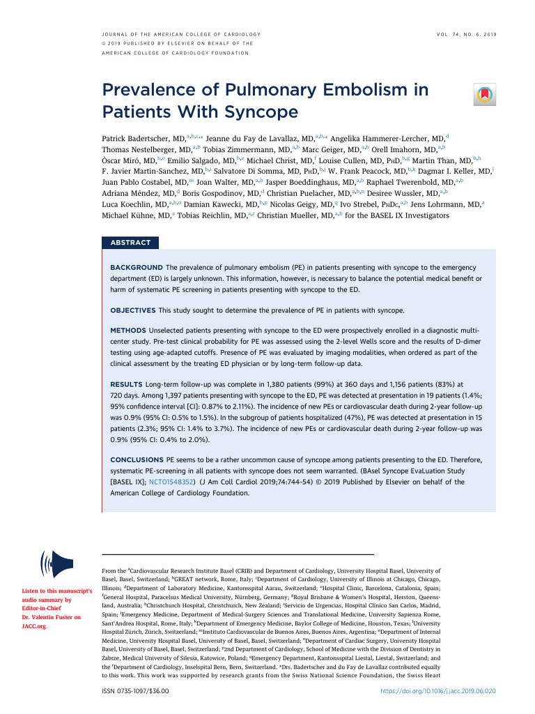 Badertscher Et Al 2019 Prevalence of Pulmonary Embolism in Patients With Syncope | PDF ...