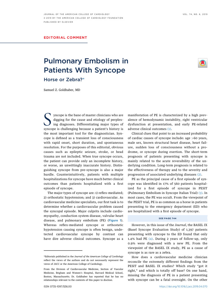 Goldhaber 2019 Pulmonary Embolism in Patients With Syncope | PDF ...