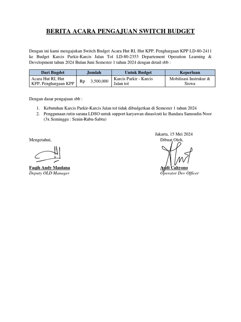 Berita Acara Switch Budget Karcis Parkir-Jalan Tol | PDF