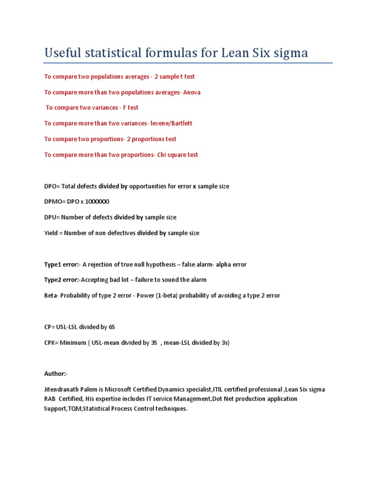 Useful Statistical Formulas For Lean Six Sigma | PDF