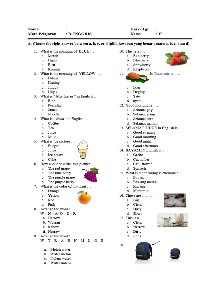 Soal Bahasa Inggris Kelas 2 Sd. | PDF | Berry | Foods