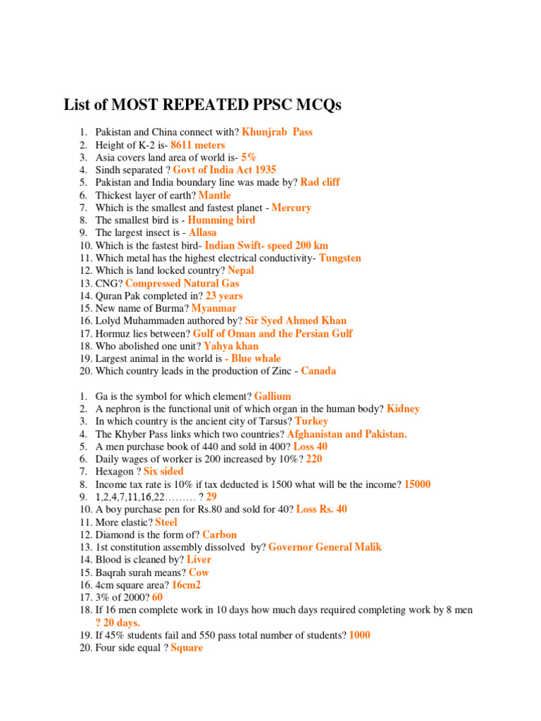 List of MOST REPEATED PPSC MCQs | PDF | Pakistan | Partition Of India
