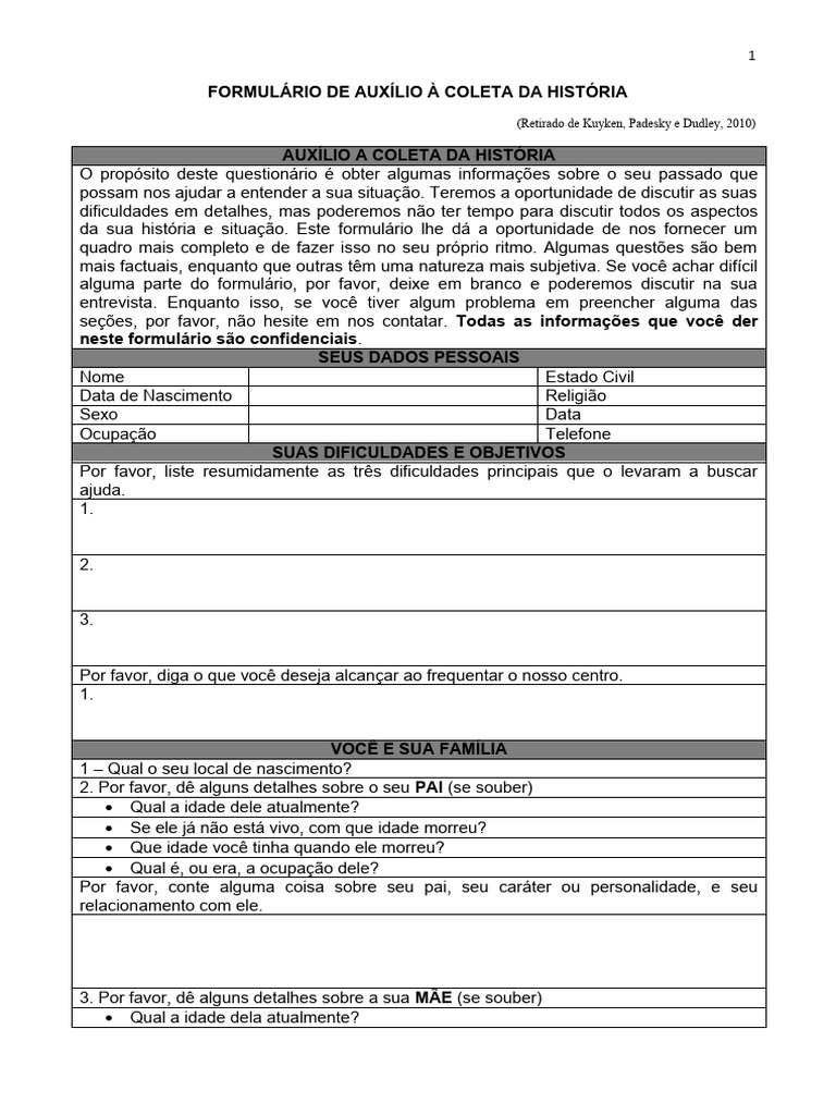 Formulário de Auxílio À Coleta Da História | PDF | Família | Alcoolismo