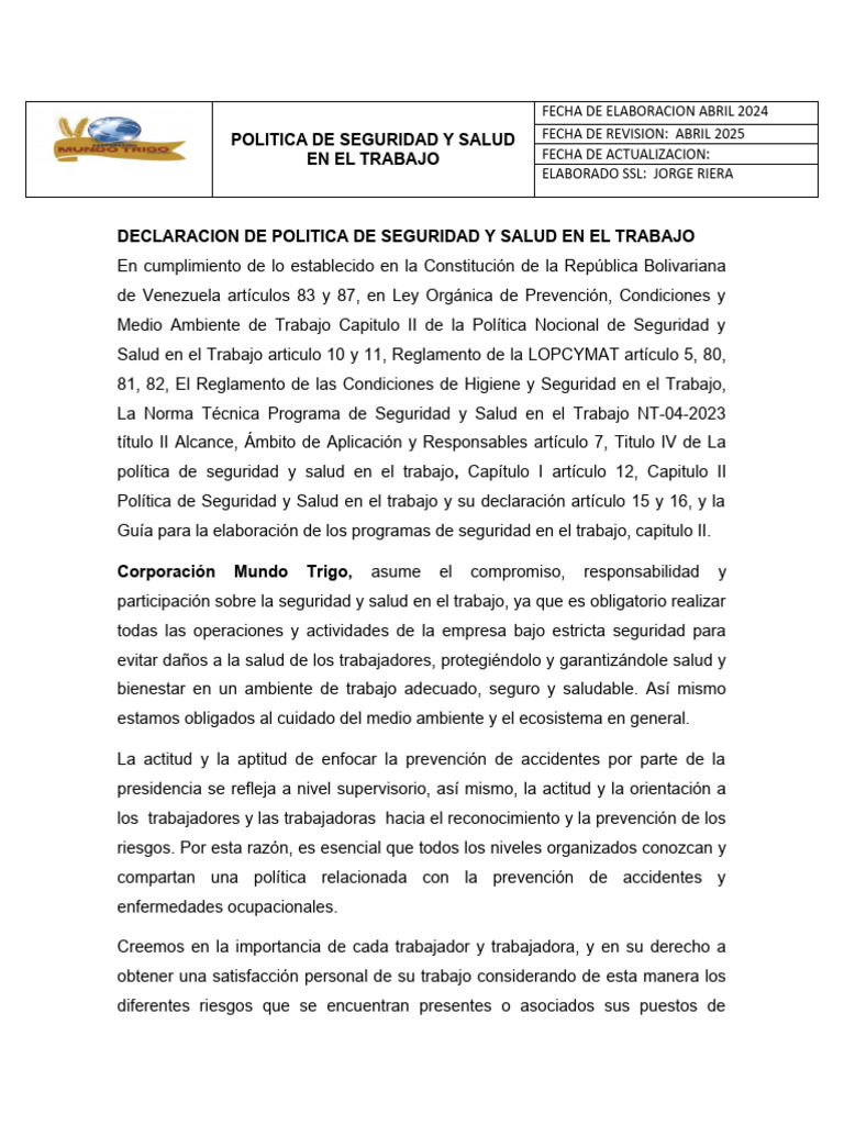 POLITICA DE SEGURIDAD Y SALUD EN EL TRABAJO | PDF | Seguridad y salud ocupacional | La seguridad ...