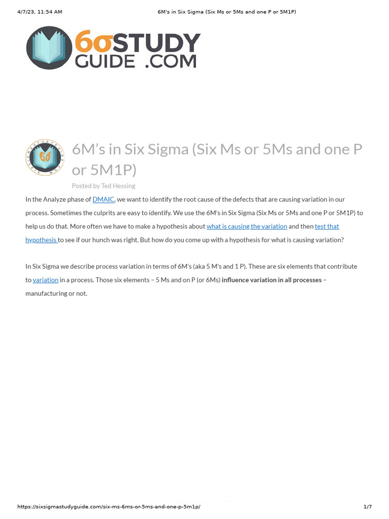 6M's in Six Sigma (Six Ms or 5Ms and one P or 5M1P) | Download Free PDF ...