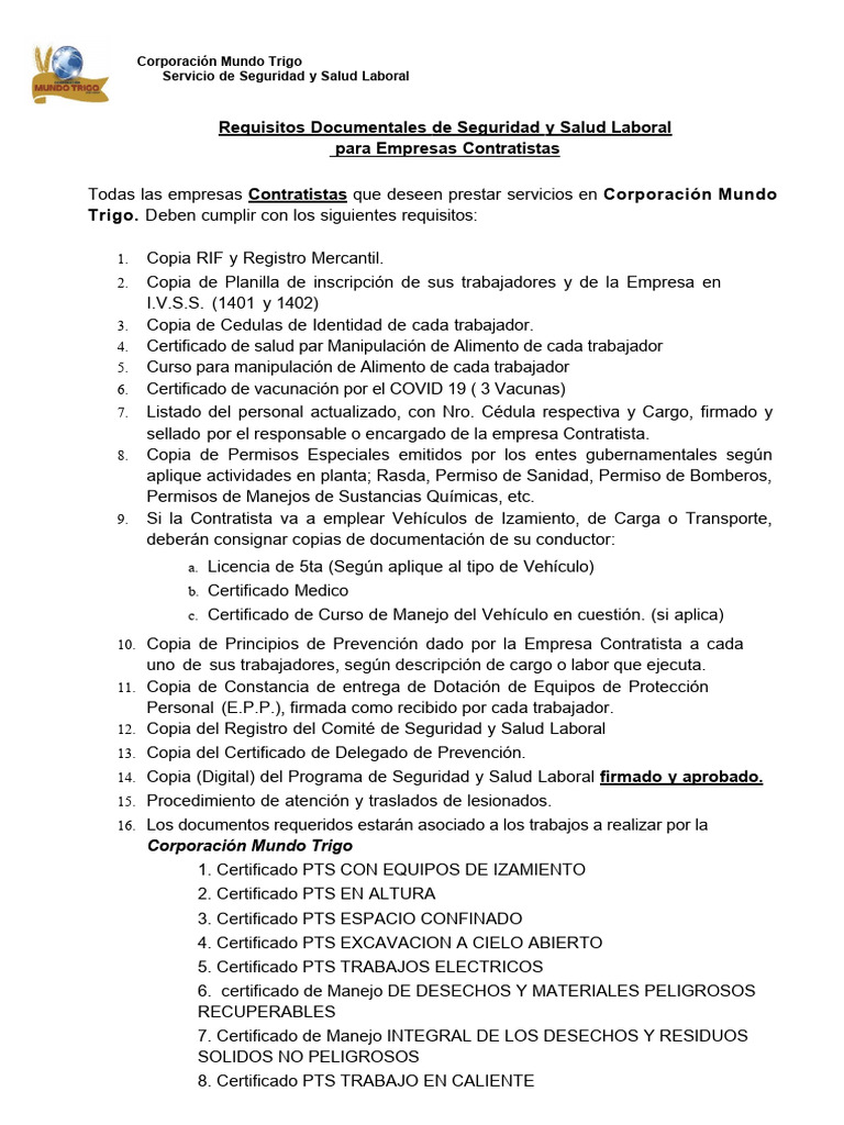 REQUISITOS PARA CONTRATISTAS - Dominguez & Cía.,S.A. | PDF | Seguridad y salud ocupacional