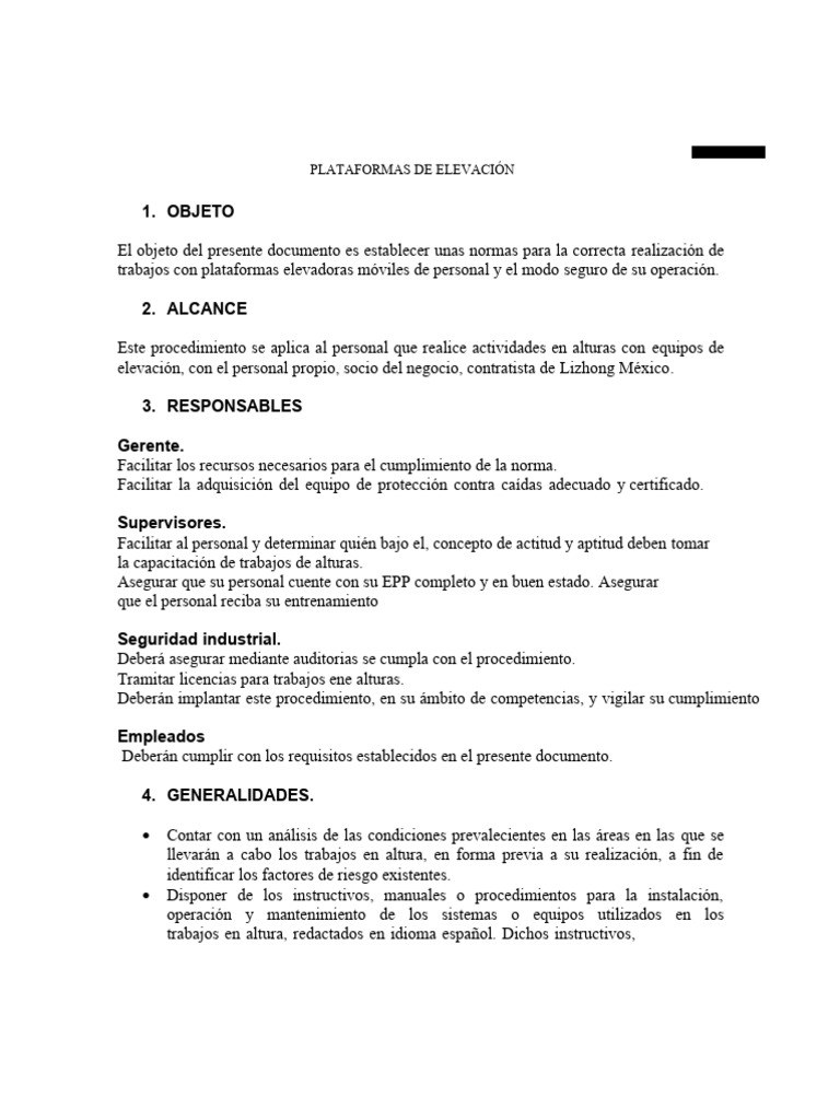 Procedimiento Plataformas de Elevacion | PDF