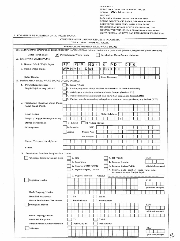 Formulir Permohonan Perubahan Data NPWP | PDF