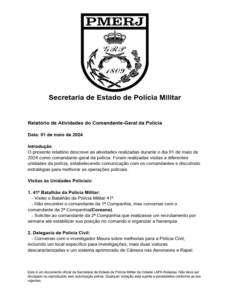 Relatorio CMD G 01.05.2024 | PDF | Polícia | Polícia militar