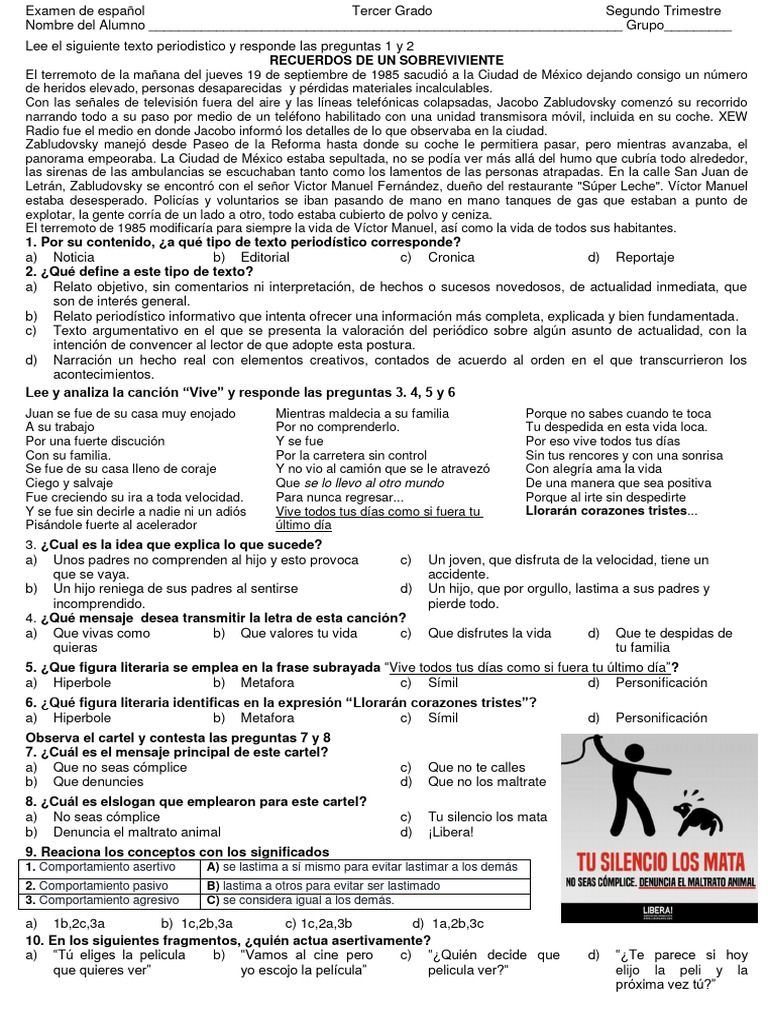 Examen de Español Segundo Trimestre-Tercer Grado | PDF | Arte | Poesía