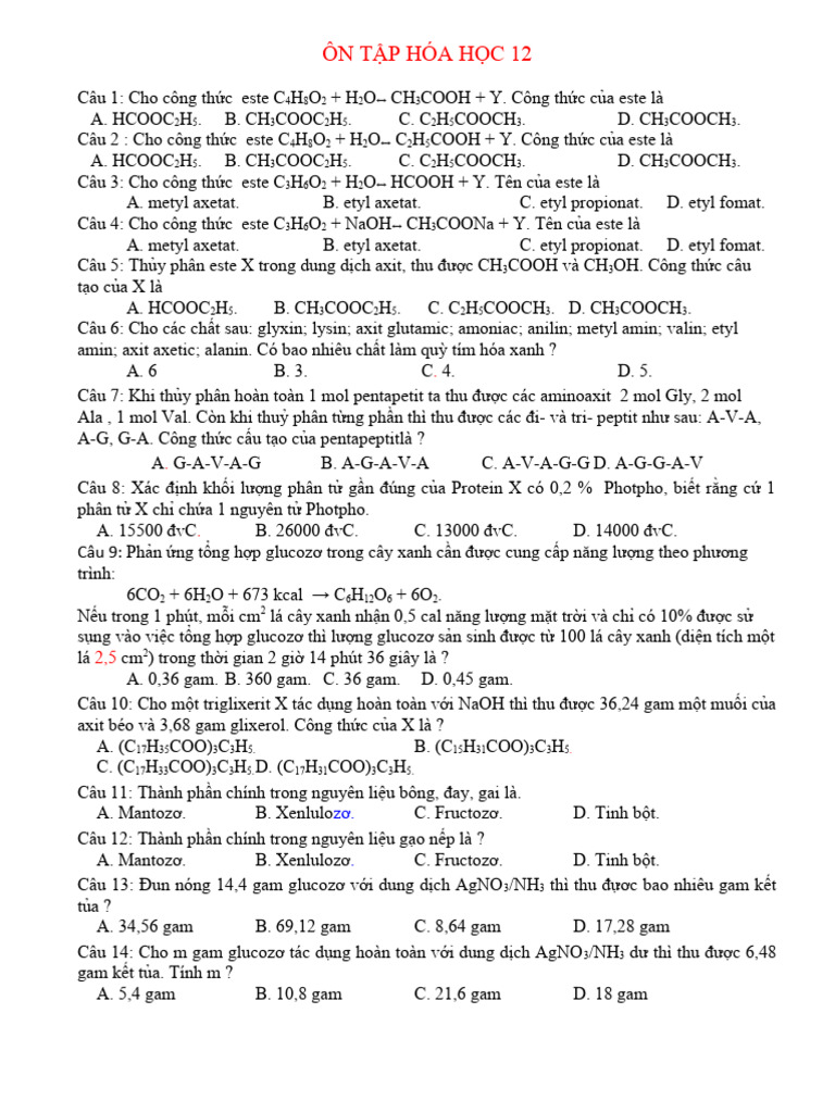 ÔN TẬP HÓA HỌC 12 ktra giữa kỳ. đề ôn 2 | PDF