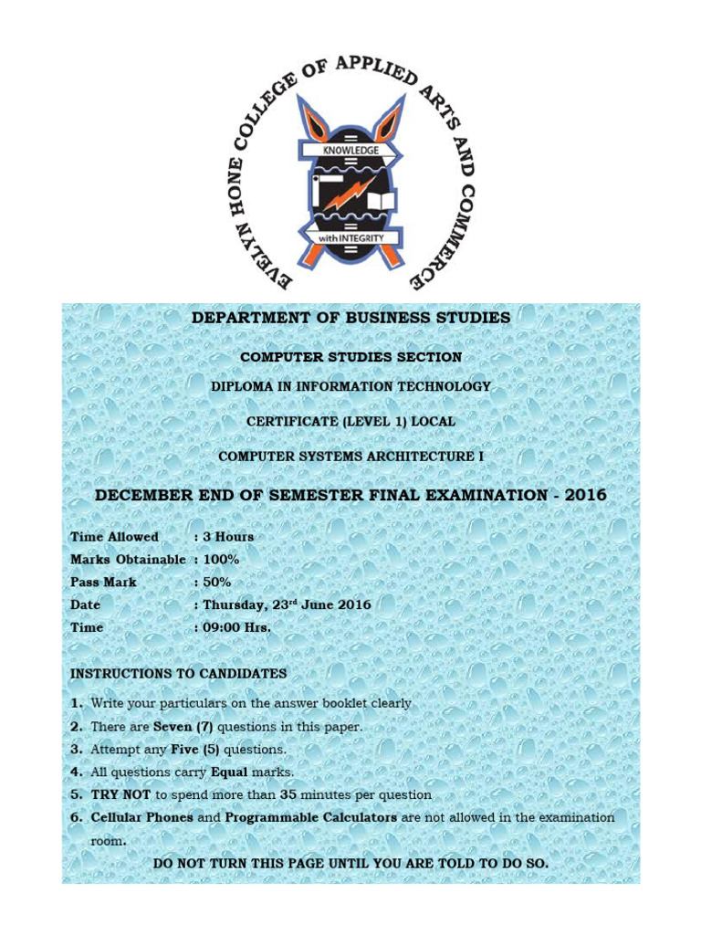 DIT Level 1 Computer Systems Architecture I - June Final Examination ...