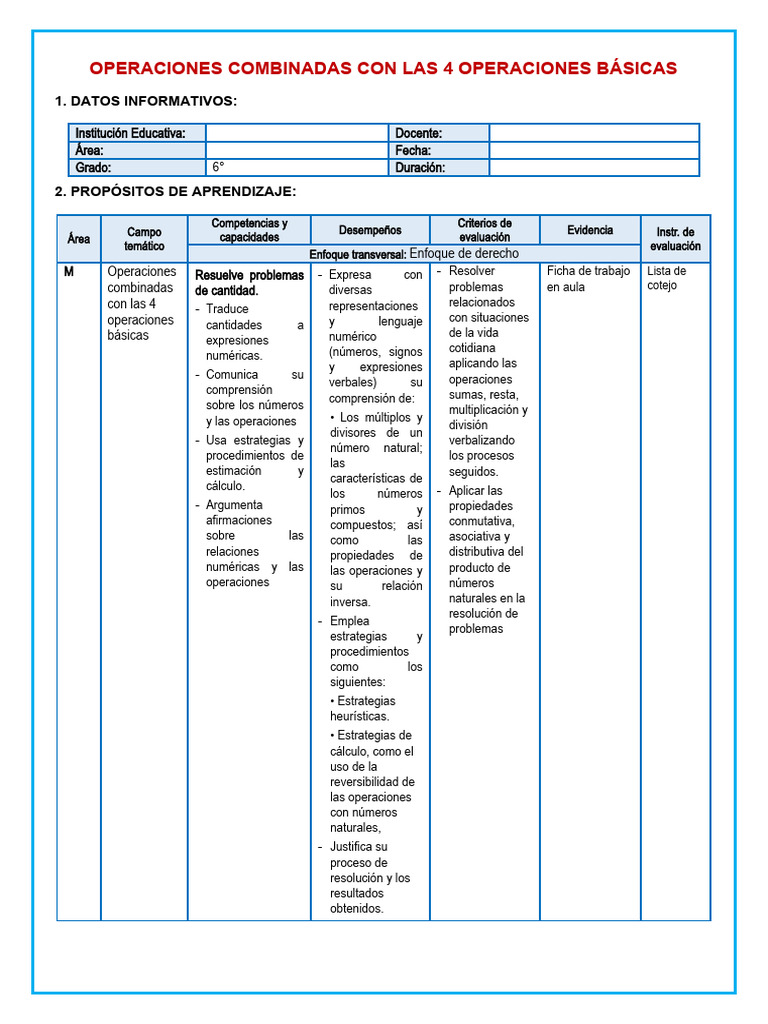 6° Mat Operaciones Combinadas Con Las 4 Operaciones Básicas | PDF ...