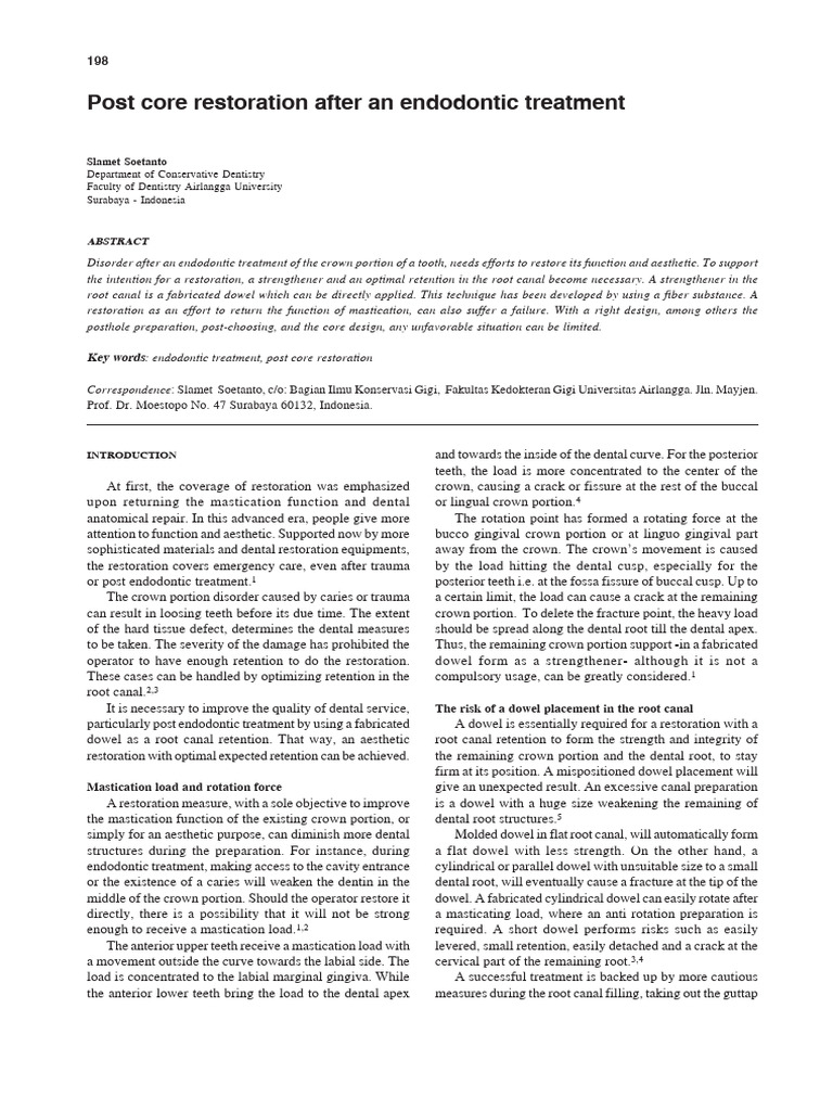 Post Core Restoration After Endodontics | PDF | Composite Material ...