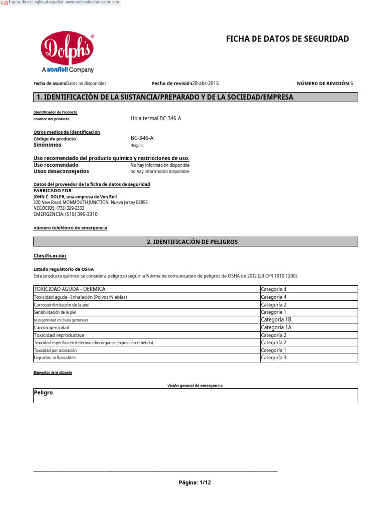 Ficha de Seguridad Hi Therm BC-346-A | PDF | Agua | Toxicología