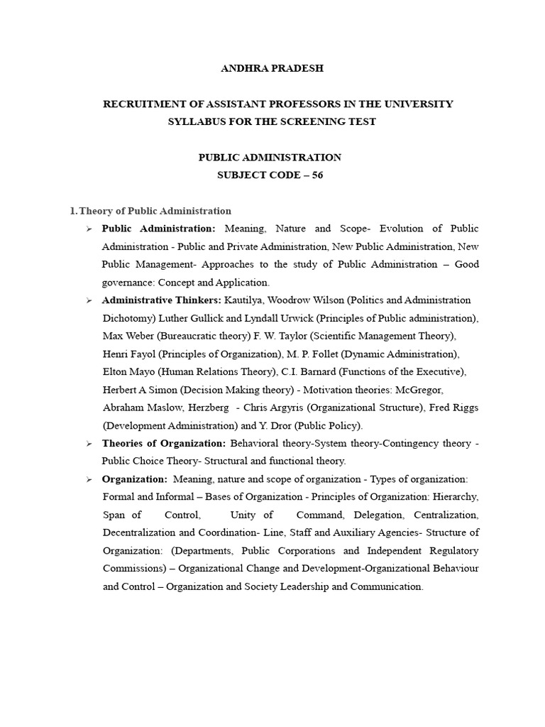 Assistant Pro. Syllabus-PUBLIC ADMINISTRATION | PDF | Organizational Behavior | Government