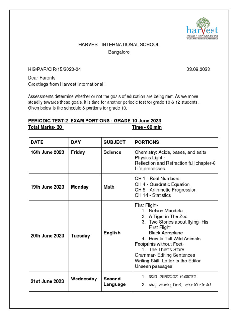 Grade 10 Periodic Test 2 Schedule 2023 | PDF | Science