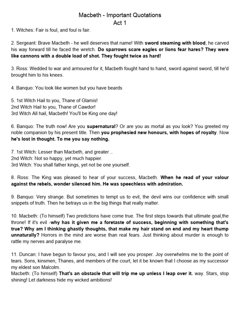 Macbeth Important Quotations | PDF | Macbeth | Shakespearean Tragedies