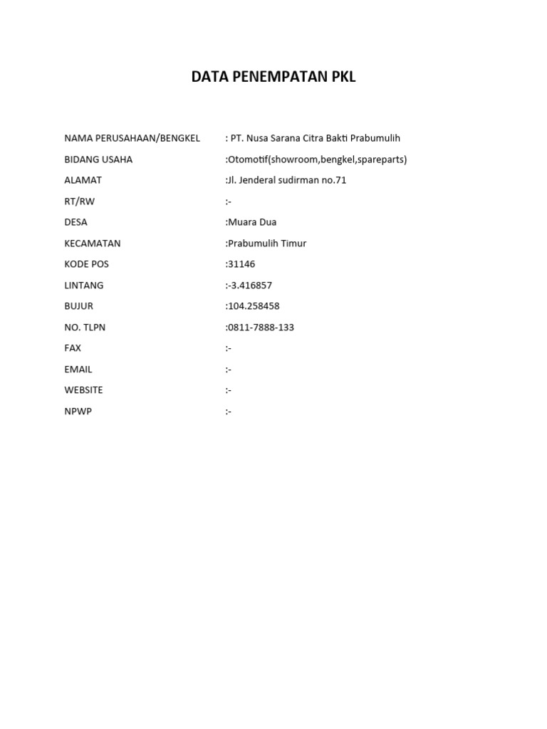 Data Tempat Magang PT - Nusa Sarana Citra Bakti | PDF