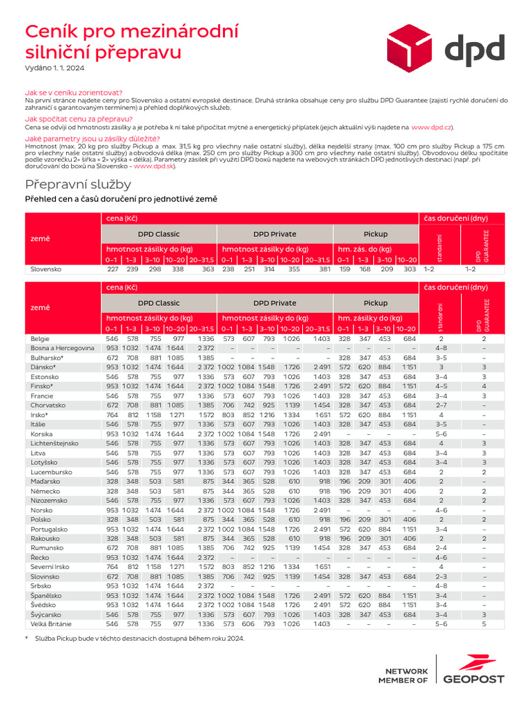 Cenik DPD g11 Zakladni Exp CZ RGB Web Prosinec 2023 | PDF