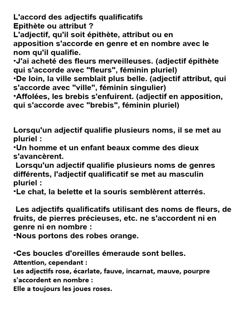 Accord des adjectifs qualificatifs | PDF | Adjectif | Linguistique
