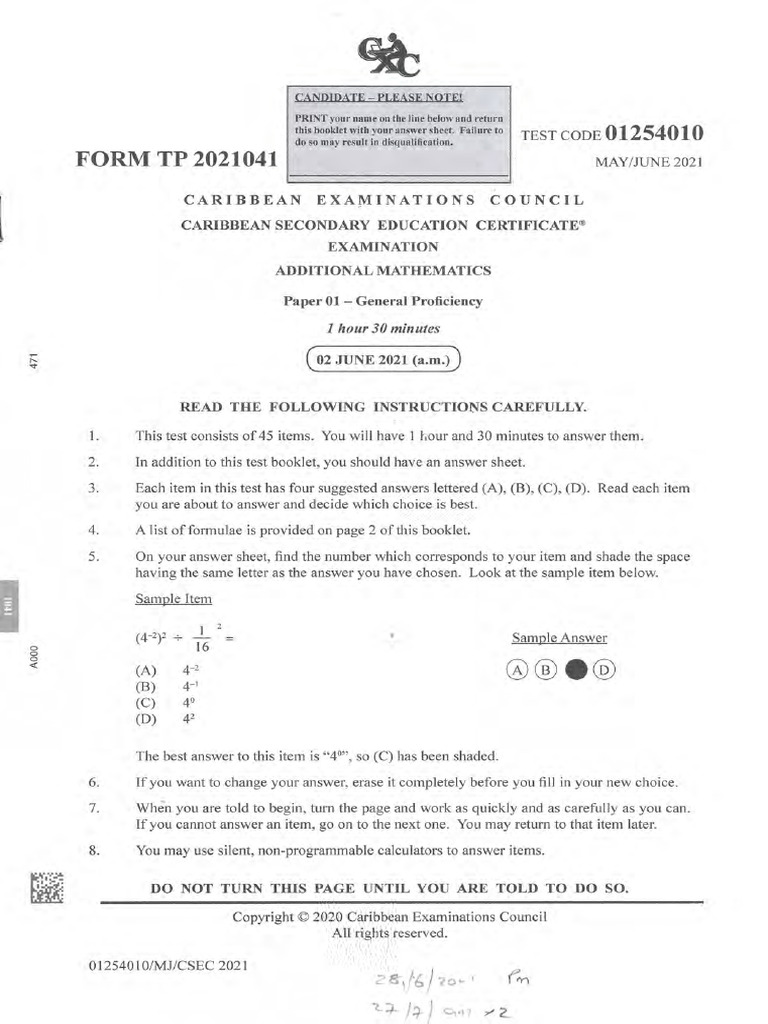 CSEC Additional Mathematics June 2021 P1 | PDF