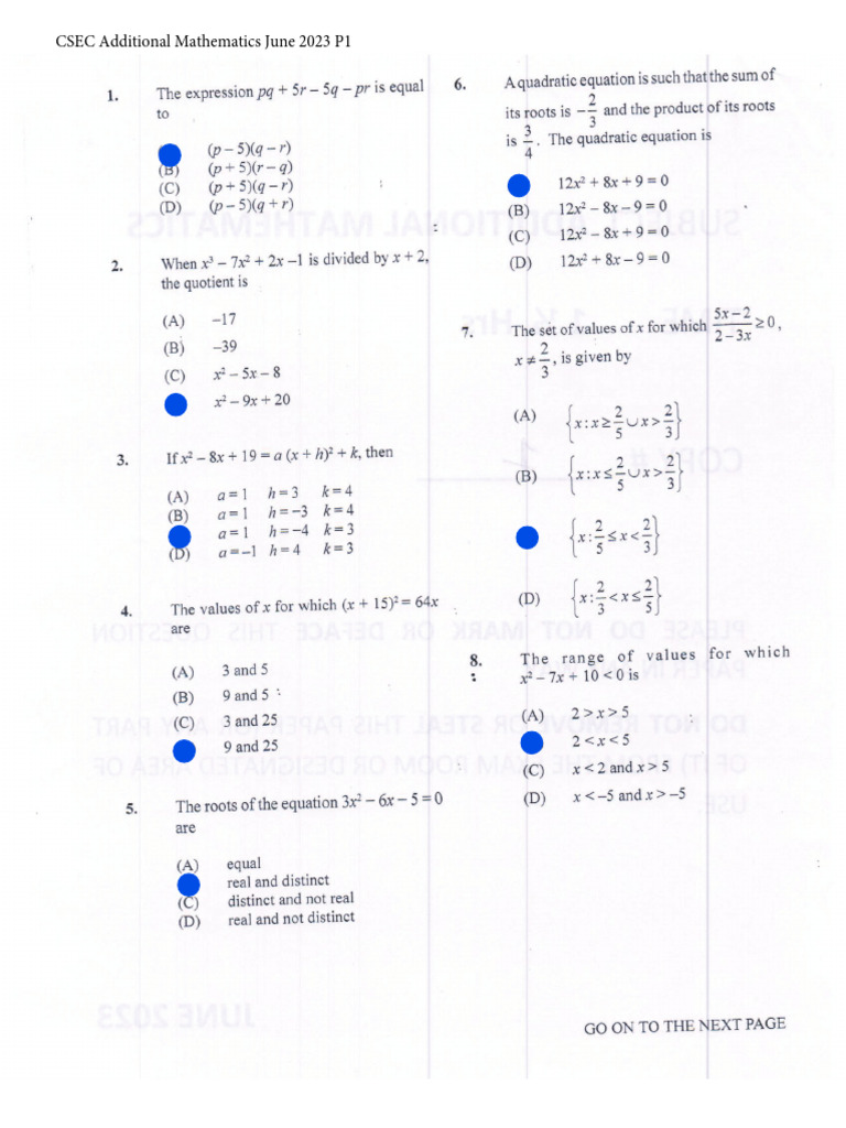 CSEC Additional Mathematics June 2023 P1 | PDF