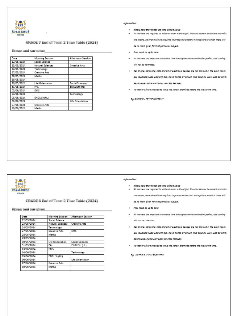 Term 2 Senior Phase Timetable | PDF