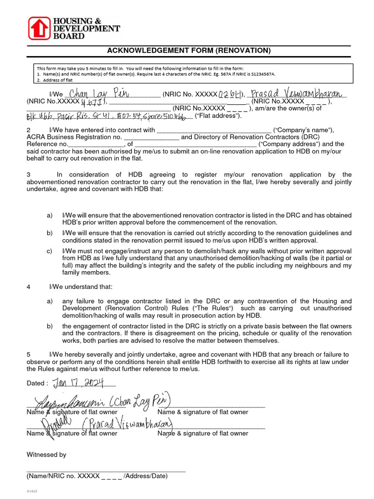 HDB Renovation Acknowledgement Form | PDF | Justice | Crime & Violence