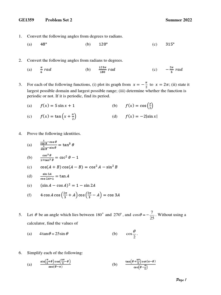 GE1359 Problem Set 2: Trigonometry Tasks | PDF | Trigonometric ...