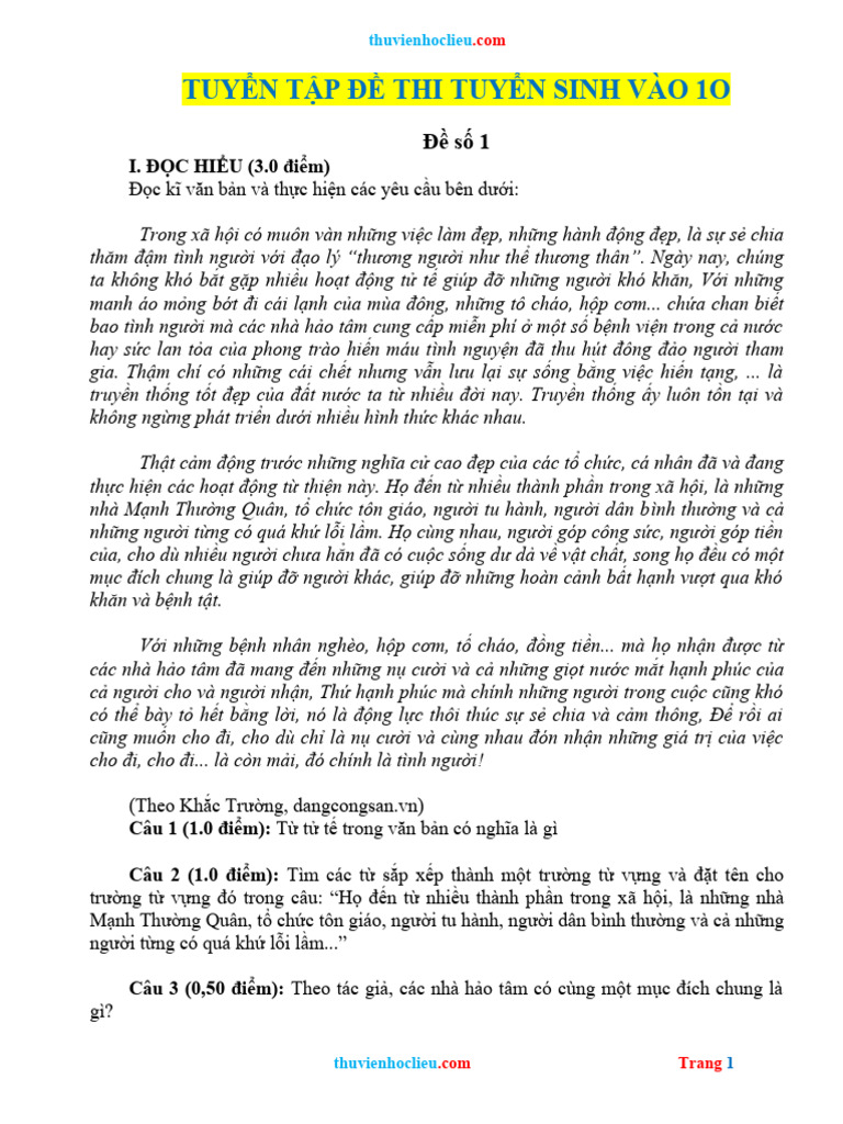 Bo de On Tap Ngu Van Tuyen Sinh 10 | PDF