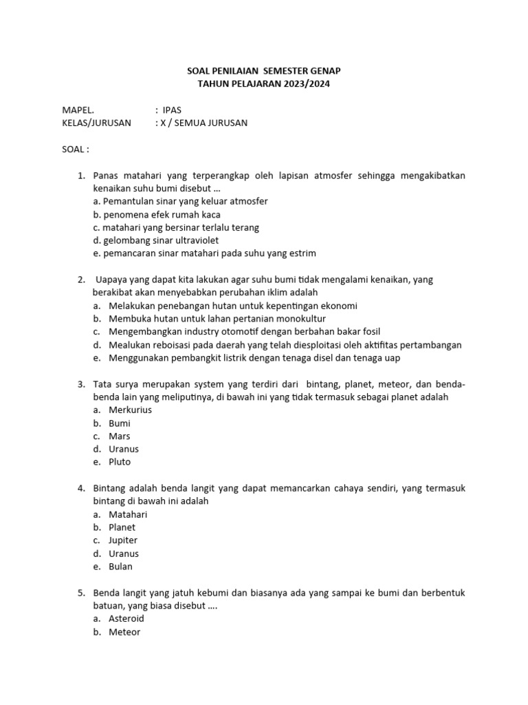Soal Semester Genap Ipas 2024 | PDF | Pengelolaan Keuangan & Uang | Politik