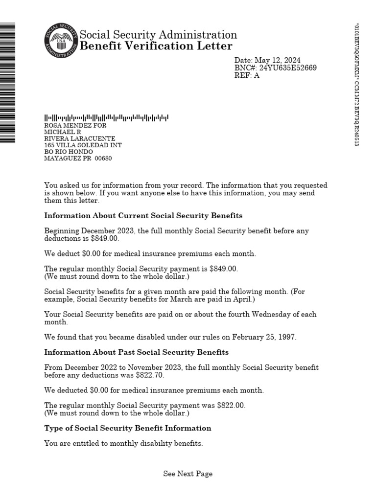 Benefit Verification Letter | PDF | Social Security Administration ...