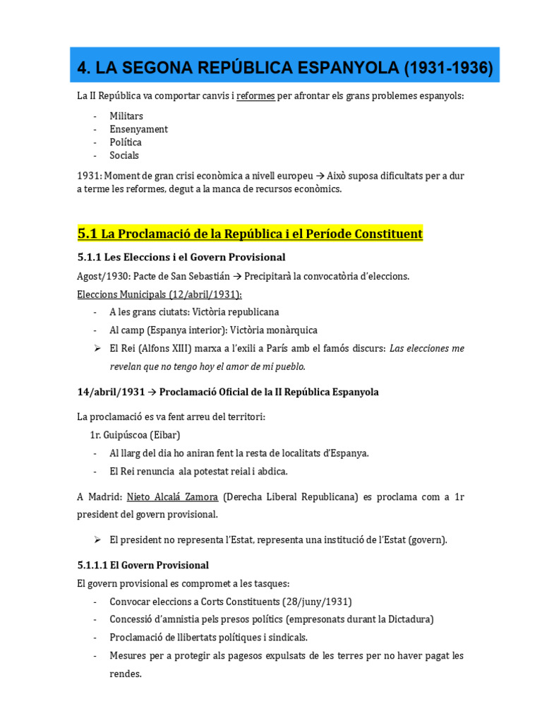Apunts Tema 4 (II República) | PDF
