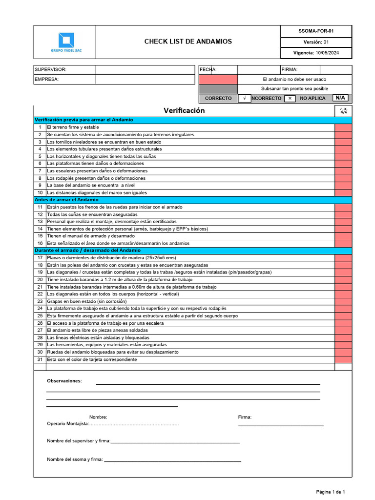 Check List de Andamios | Descargar gratis PDF | Andamio