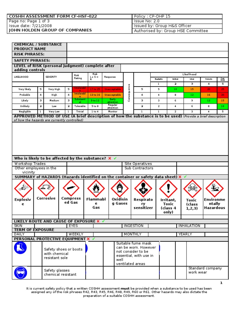 Cf-hsf-022 Coshh Assessment Form (CLP) | PDF | Toxicity | Personal ...