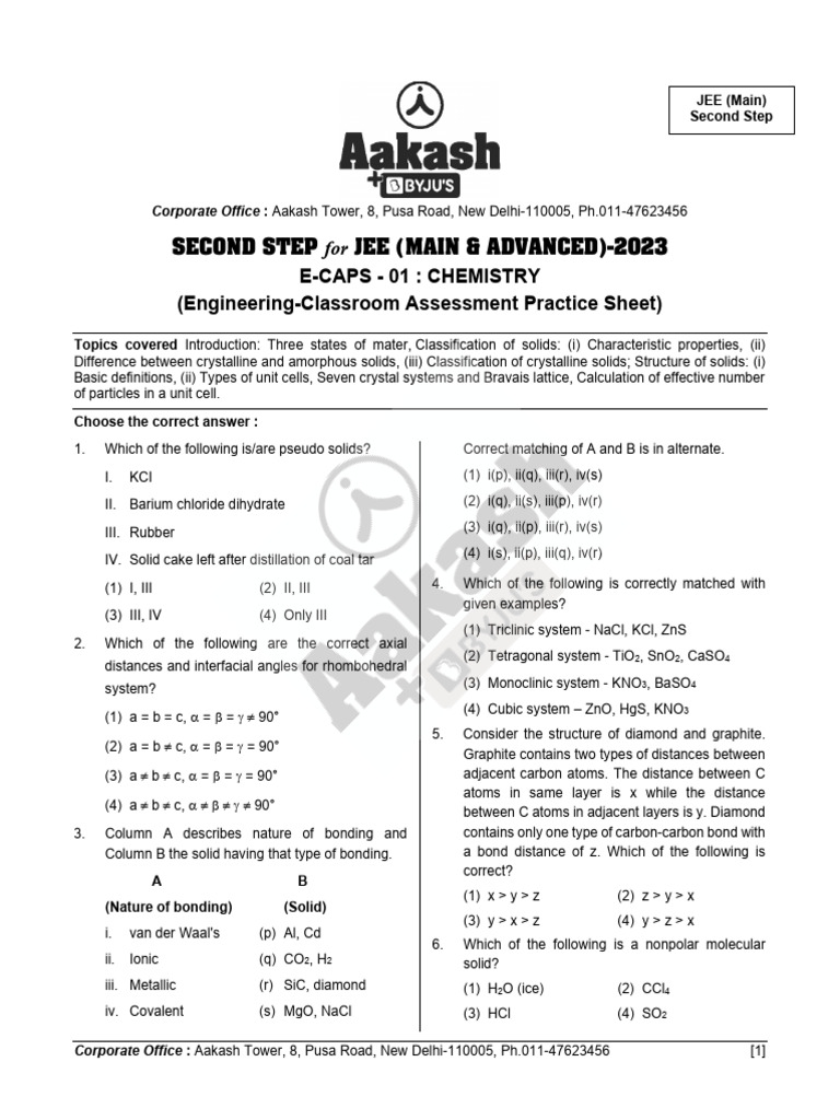 E-CAPS 01 - Class XII (FS)_Chemistry | PDF | Crystal Structure | Crystal