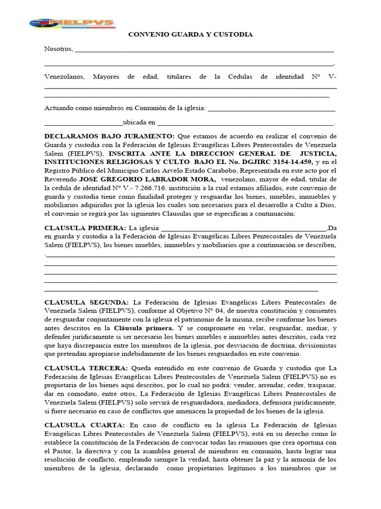 Convenio Guarda Y Custodia Pdf Evangélico Venezuela