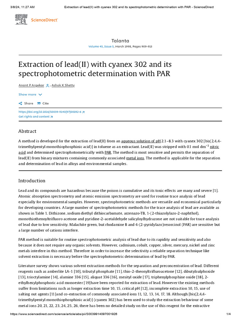 Extraction of Lead (II) With Cyanex 302 and Its Spectrophotometric Determination With PAR ...